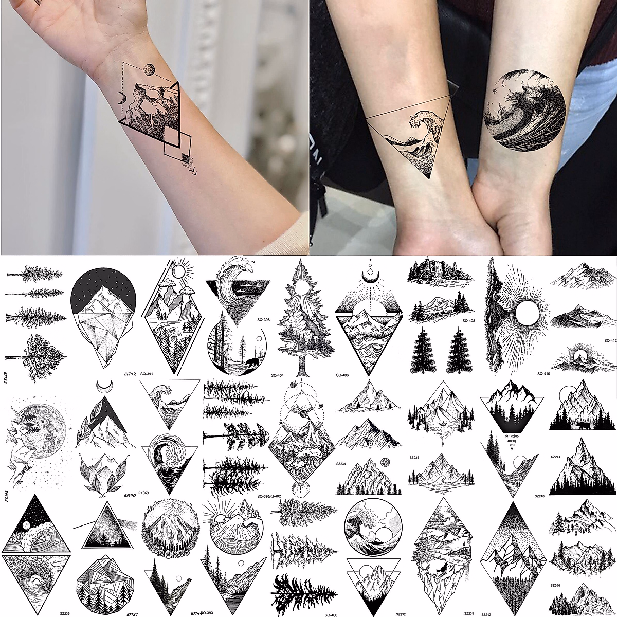 GOROMON 52 Sheets Small Black Mountain Temporary Tattoos For Men Women Adult, Geometric Sea Weave Forest Pine Tree Realistic Tattoo Sticker For Kids Children, Moon Sun Star Triangle Tatoos Outer Space