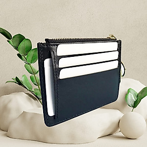 PEONY SUPREME Leather Card Holder Wallet Credit Card Holder Small Compact Wallet Coin Pouch Purse Key Pouch Gift for Women Gift for Men Black