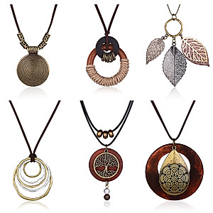 Jstyle 6Pcs Handmade Women Long Necklaces Jewelry Black Sandalwood Vintage Statement Necklace for Women B