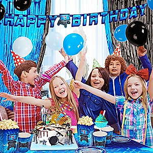 DECORLIFE Game on Party Supplies Serves 24, Blue Video Game Party Supplies Includes Tablecloth, Popcorn Boxes, Birthday Plates for Boys Gamer Party Decorations, Total 200PCS