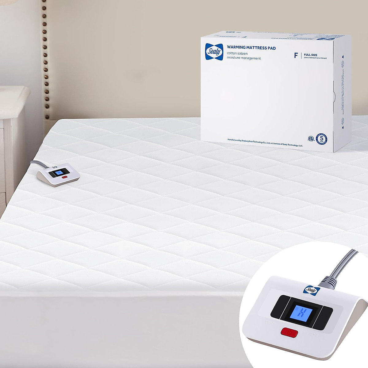 Sealy 3M Scotchgard Heated Mattress Pad | Quilted Cotton Electric Bed Warmer with 10 Heat Setting Controller | 1-12 Hours Auto Shut Off | 15" Deep All Around Elastic Pocket, Full