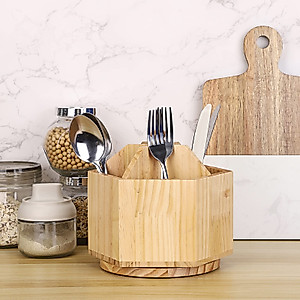 JUXYES Rotating Utensil Holder for Kitchen Countertop, Wood Utensil Organizer with Removable Divider, Rotatable Flatware Caddy Cutlery Holder Silverware Organizer for Kitchen Dining Tables