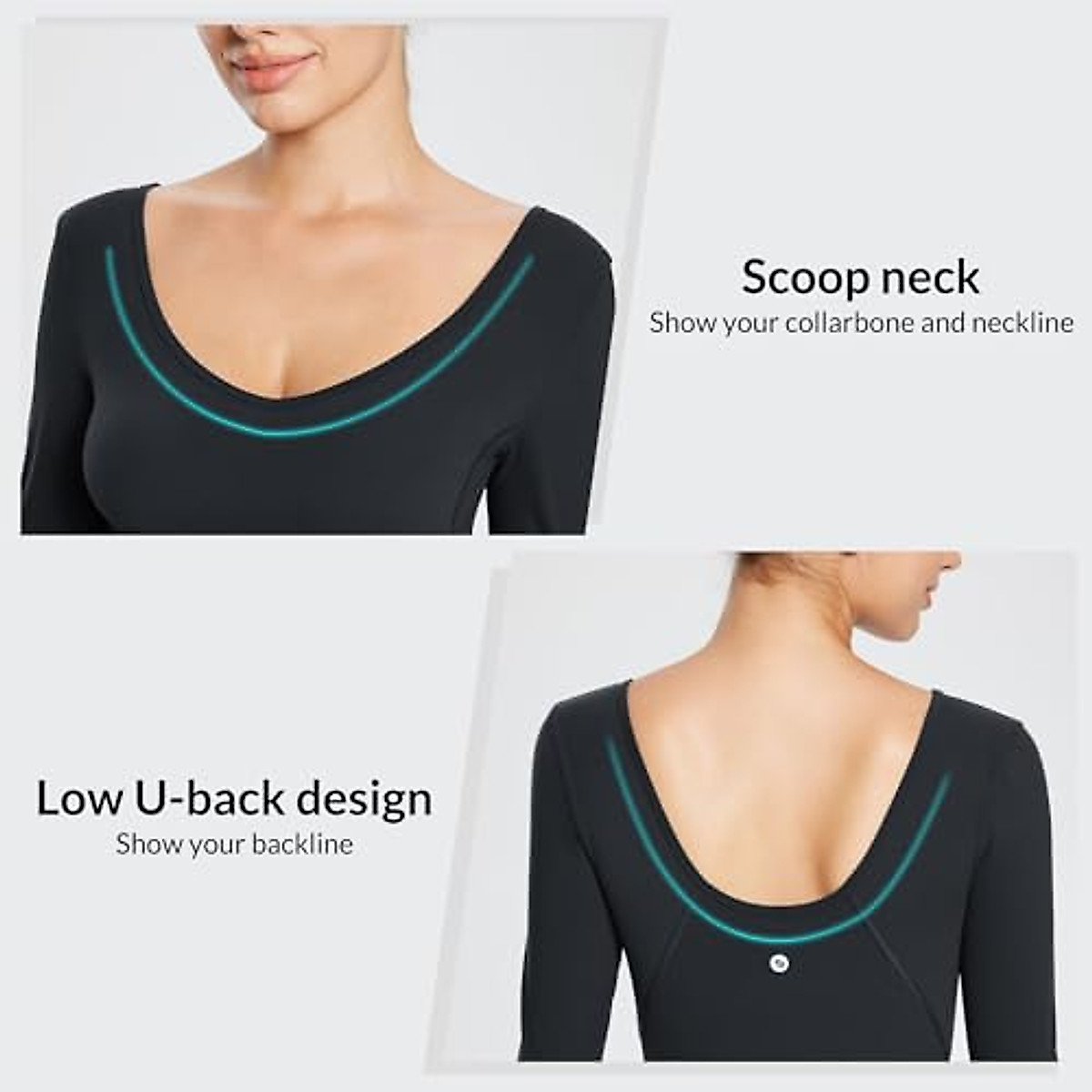 BALEAF Nuleaf Scoop Neck Long Sleeve Crop Top for Women Slim Fit Workout Shirts Tight Base Layer Athletic Gym Casual Black M