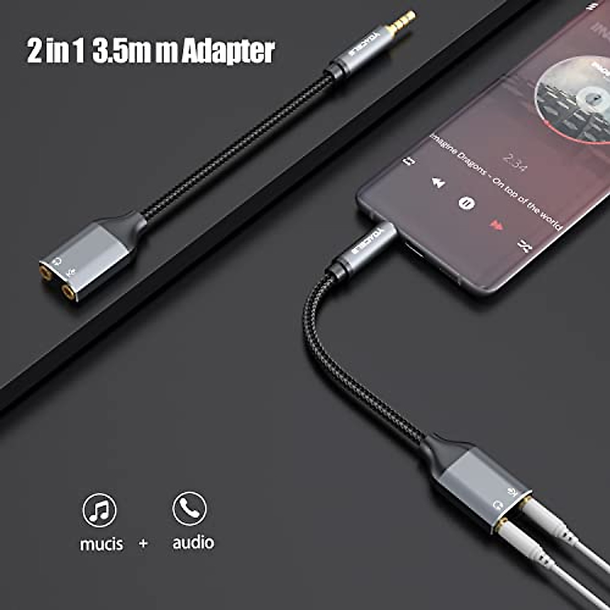 YOACELE 2 in 1 3.5mm Headphone Splitter Adapter, 3.5mm Male to Audio and Microphone Adapter, Compatible with iPhone, Samsung Phones and Tablets