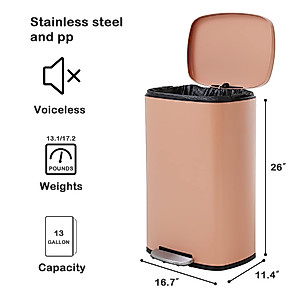YIQIEDEY 13 Gallon Stainless Steel Touch Free Trash Can with Lid and Removable Inner Bucket, Pink, 50 Liters