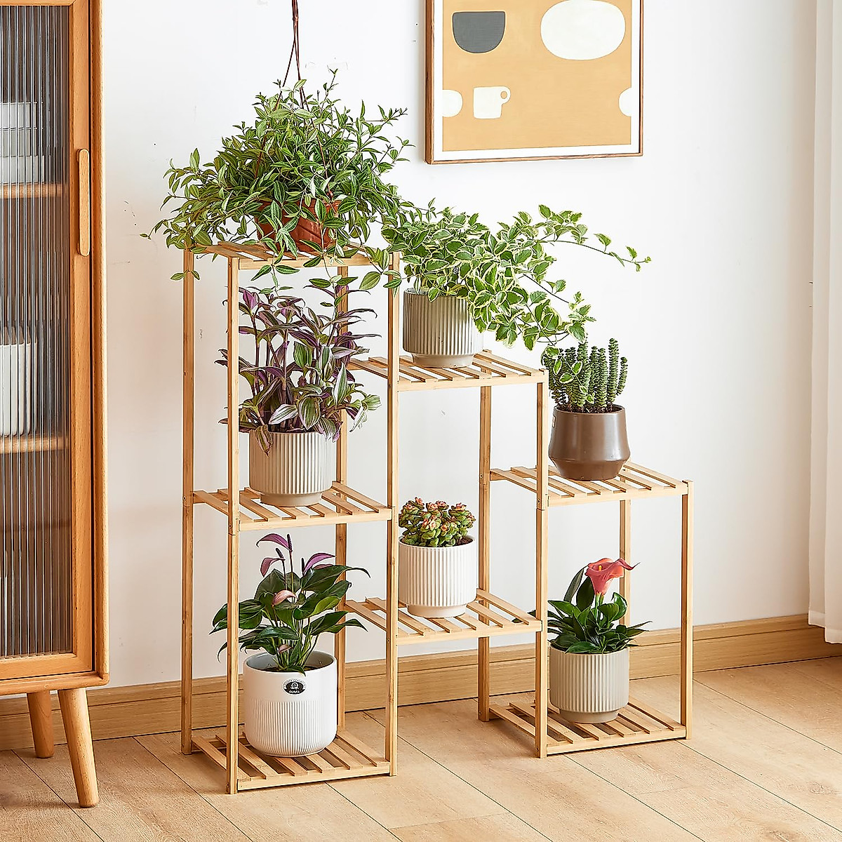 Plant Stand Indoor Plant Stands Bamboo Outdoor Tiered Plant Shelf for Multiple Plants, 3 Tiers 7 Potted Ladder Plant Holder Table Plant Pot Stand for Window Garden Balcony Living Room Corner (Natural)
