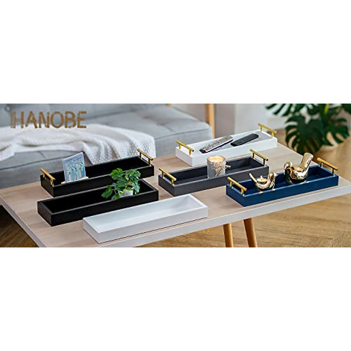 Hanobe Rectangle Long Narrow Tray: Decorative Trays Rectangular Candle Holder Trays for Home Decor White Centerpiece Tray Decor Serving Tray with Gold Handles for Dining Table Coffee Bar Living Room