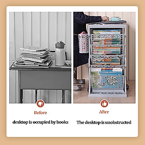 Atkits Rolling Book Shelf Organizer 6 Tier Movable Bookshelf Cart Magazine Rack Book Carts with Wheels for Bedroom Living Room Home School,Gray