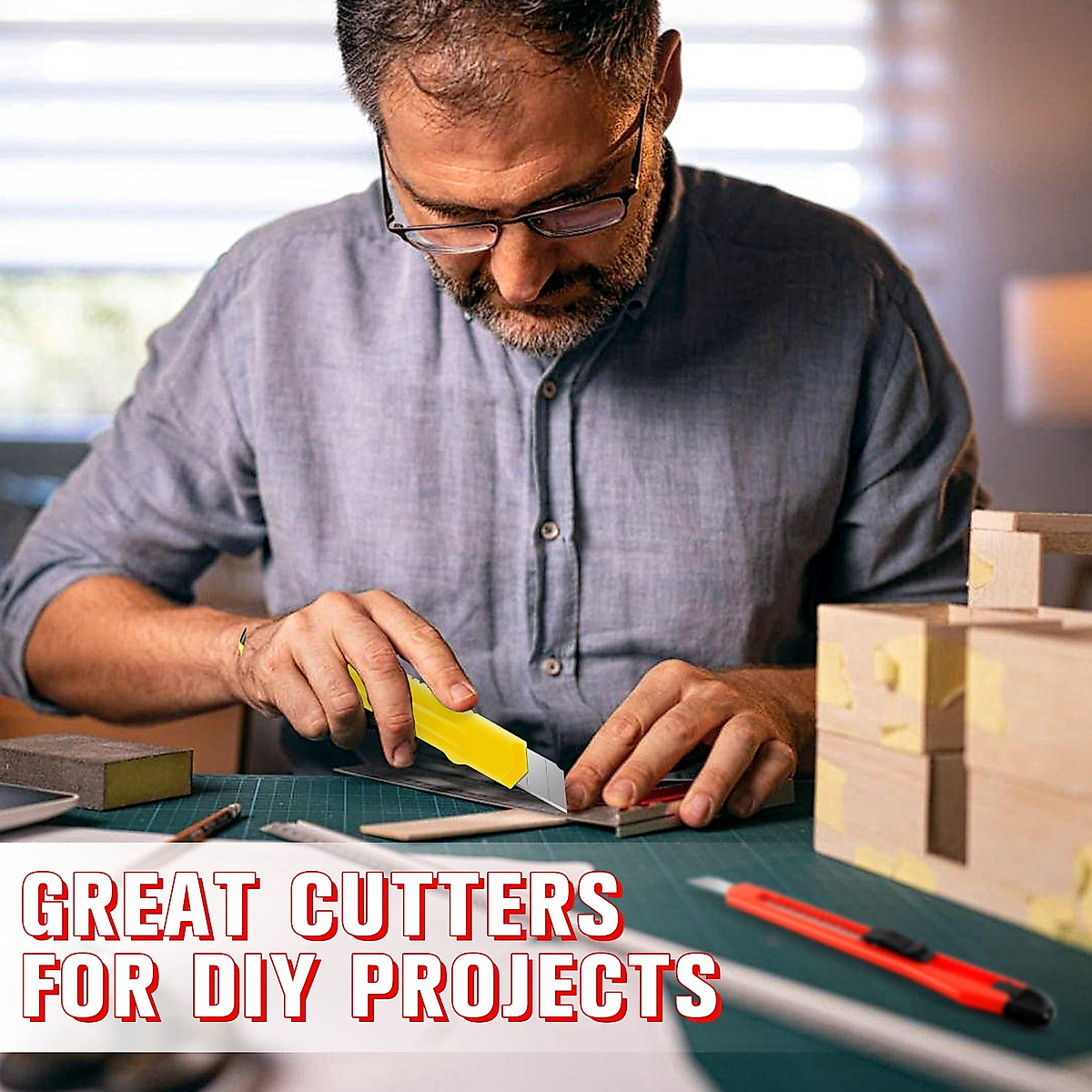 DIYSELF 4 Pack Box Cutter, Box Cutter Retractable, with 10 Pcs 9mm Snap off Blades, Utility Knife for Carton, Cardboard, Paper Knife, Box Cutter for Office, Warehouse, Small Box Opener, Razor Knife