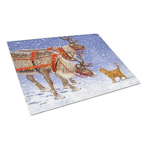 Caroline's Treasures ASA2174LCB Reindeer & Cat Glass Cutting Board Large Decorative Tempered Glass Kitchen Cutting and Serving Board Large Size Chopping Board