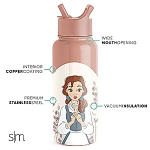 Simple Modern Disney Princess Water Bottle with Straw Lid Vacuum Insulated Stainless Steel Metal Thermos | Gifts for Women Men Reusable Leak Proof Flask | Summit Collection | 32oz Belle on Mauve