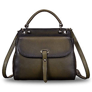 Genuine Leather Crossbody Bag Top-Handle Handbag for Women Vintage Handmade Shoulder Purse (Green)