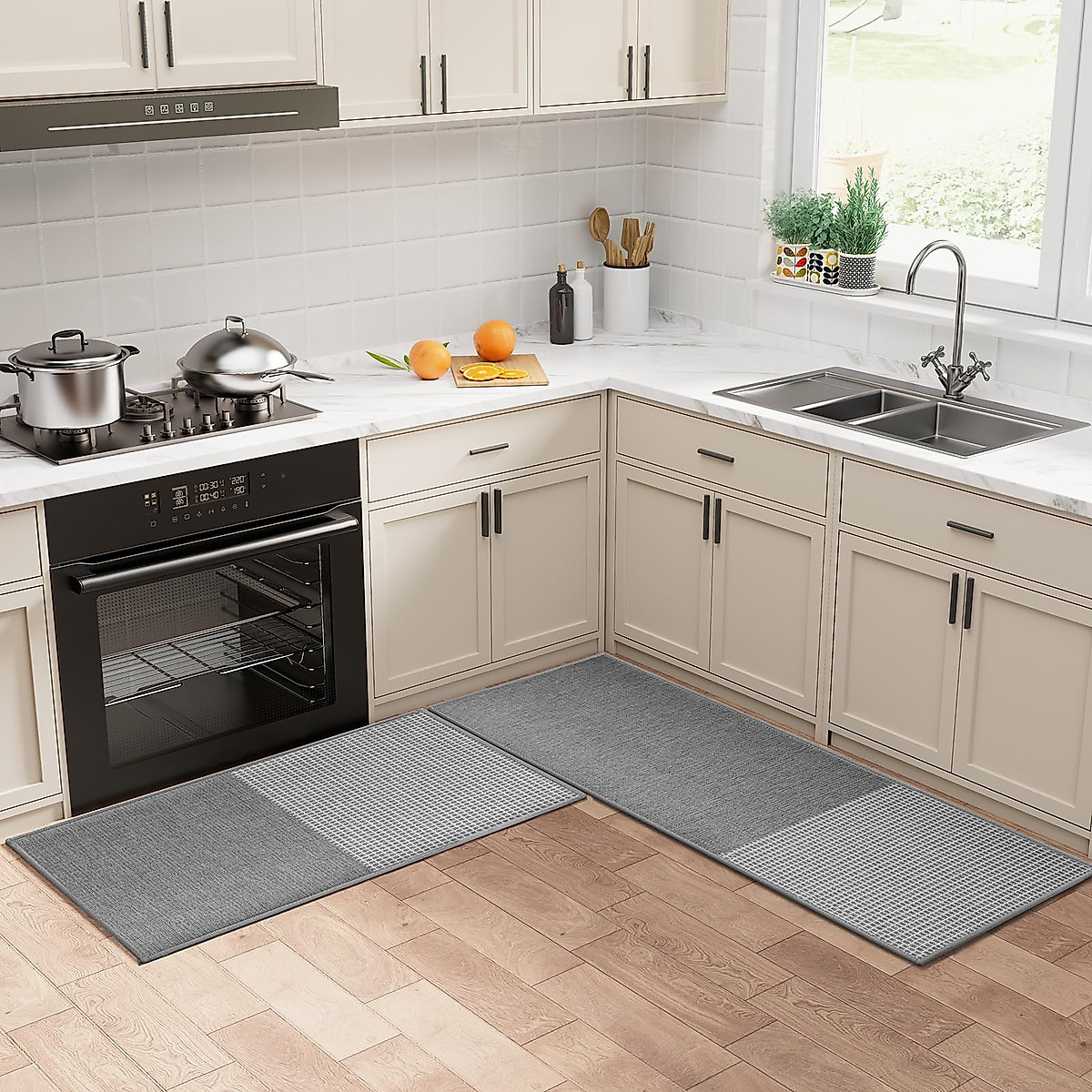 Hargiis Kitchen Mat 2PCS, Rubber Non-Skid Kitchen Rugs Washable, Absorbent Runner Mat for Floor, Machine Washable Mats for in Front of Sink, Door, Laundry, Entrance, Home (Grey, 47"×17"+32"×17")