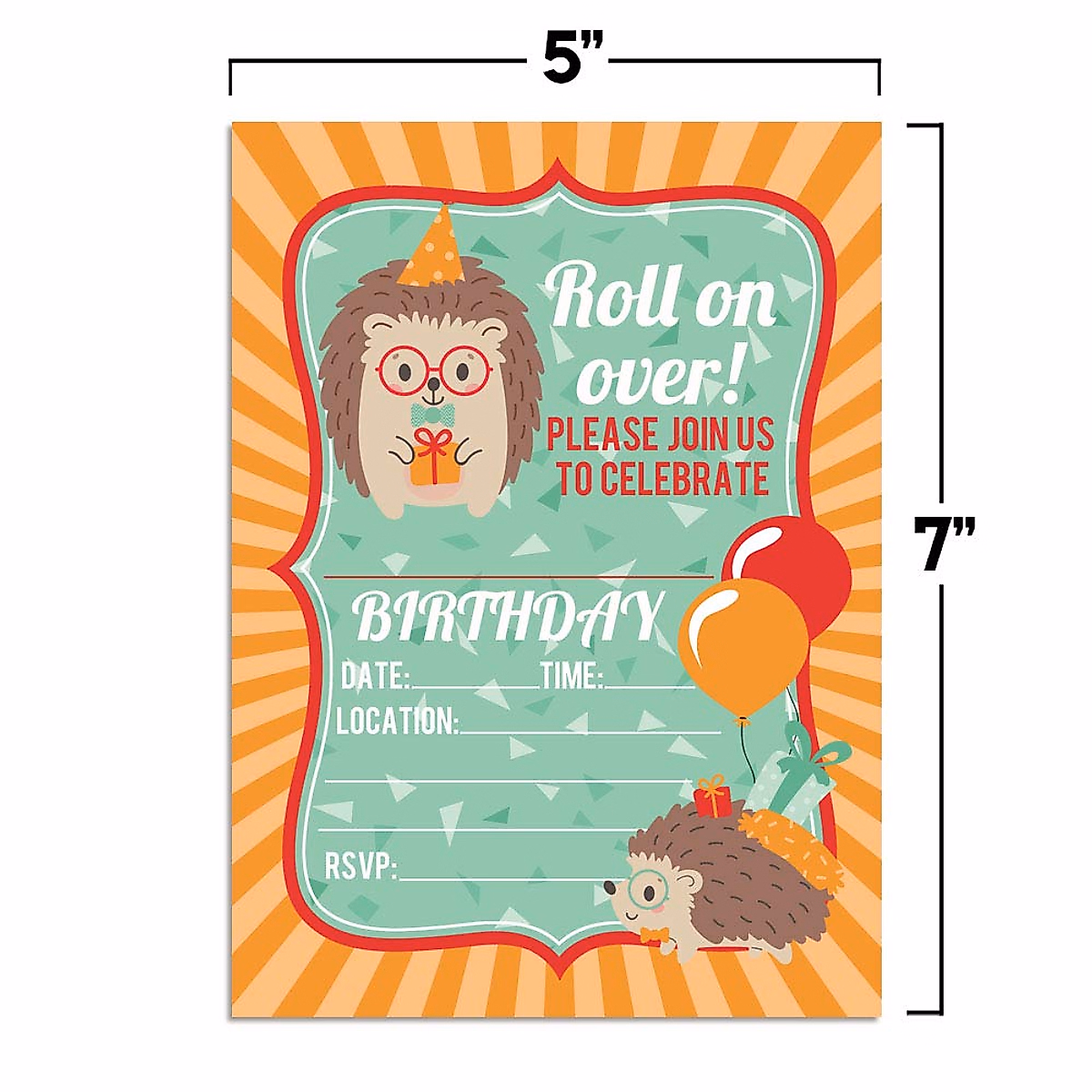 Roll On Over Cute Hedgehog Themed Birthday Party Invitations for Kids, 20 5x7 Fill In Cards with Twenty White Envelopes by AmandaCreation