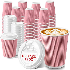 Tioncy 100 Pcs Disposable Coffee Cups with Lids Paper Cups Corrugated Ripple Wall Insulated Hot Cups with Lids for Coffee Juice Dinks Home Office Restaurant Cafe Coffee Bar Supplies (Pink,12 oz)