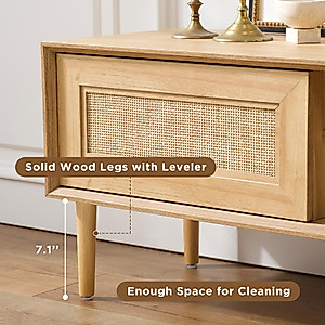 HMeeZnn Rattan TV Stand for 55 Inch TV, Mid Century Modern Entertainment Center with Storage Boho TV Console Table with 2 Cabinets for Living Room Bedroom, Natural Wood