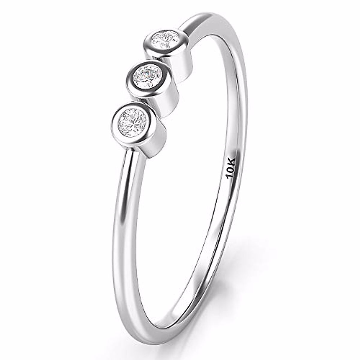 Kobelle Sz 7.5 Solid 10K White Gold Bezel Set 3 Diamond Past Present Future Wedding Engagement Ring