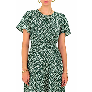 PRETTYGARDEN Women's Summer Casual Short Flutter Sleeve Round Neck Smocked Waist Tiered Boho Floral Flowy Maxi Dress(Small, Leaves Green)