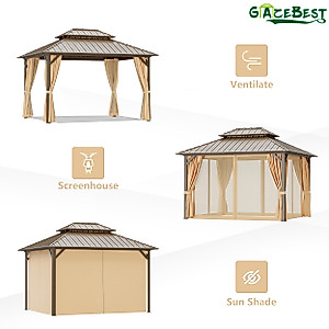 GAZEBEST 10x12 ft Hardtop Gazebo Outdoor Aluminum Patio Gazebo Double Roof Galvanized Steel Canopy with Netting and Curtains for Garden, Backyard, Deck and Lawns.