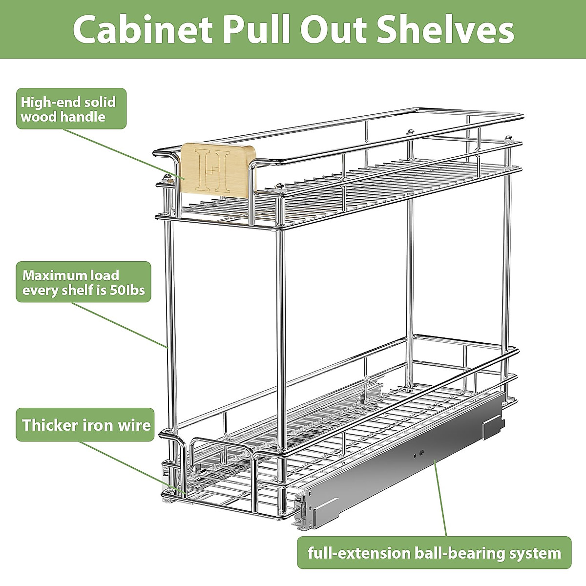 ROOMTEC Pull Out Cabinet Organizer With Wooden Handle 7½" W x 21½" D 2-Tier Cabinet Drawer Pull Out Shelves Under Cabinet Storage for Kitchen