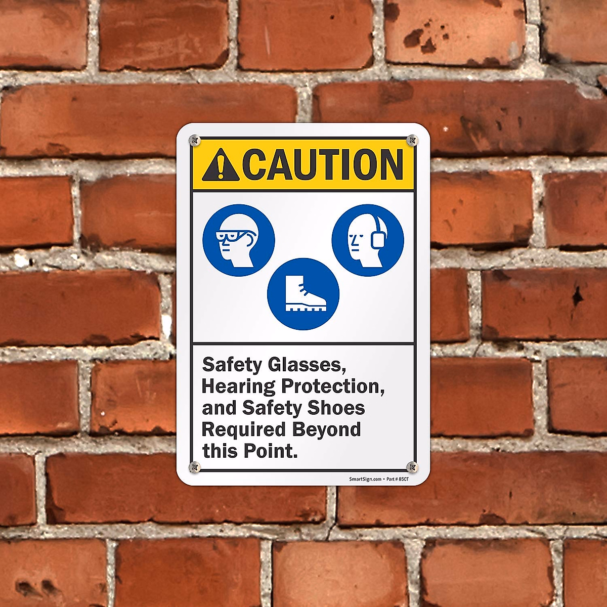 SmartSign - S-6775-PL-10 "Caution - Safety Glasses, Hearing Protection And Safety Shoes Required" Sign | 7" x 10" Plastic