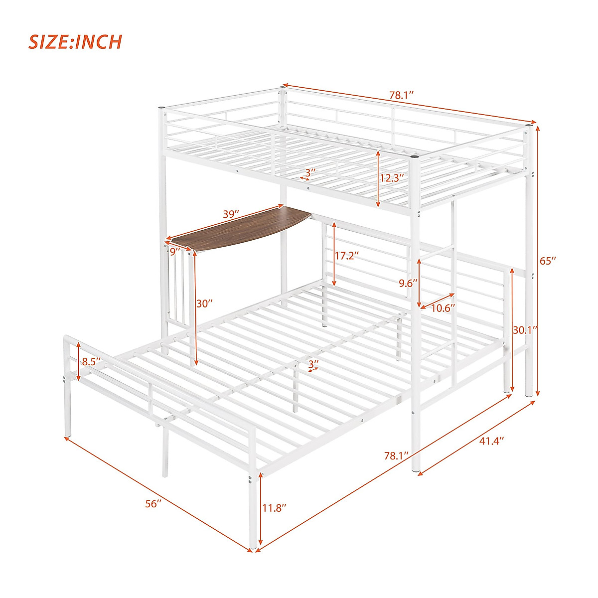 BIADNBZ Twin Over Full Metal Bunk Bed with Desk, Steel L Shaped Bedframe w/Ladder and Quality Slats for Kids, Adults, No Box Spring Needed, Metallic White