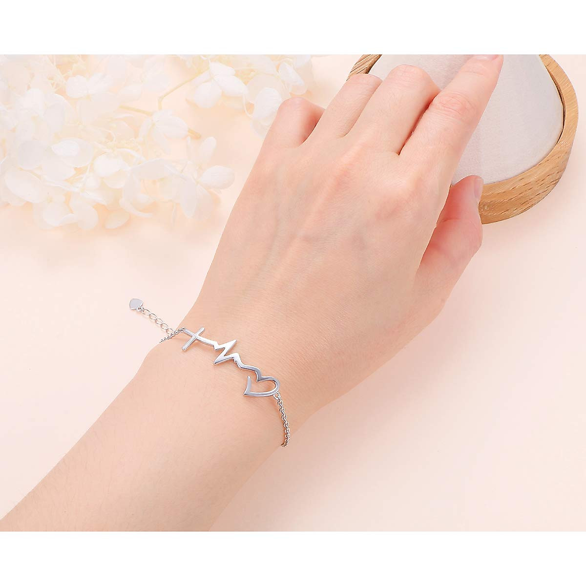 DAOCHONG S925 Sterling Silver Faith Hope Love Cross Lifeline Heart Adjustable Chain Bracelet for Women Christian Jewelry Christmas Gifts, 7" + 2"