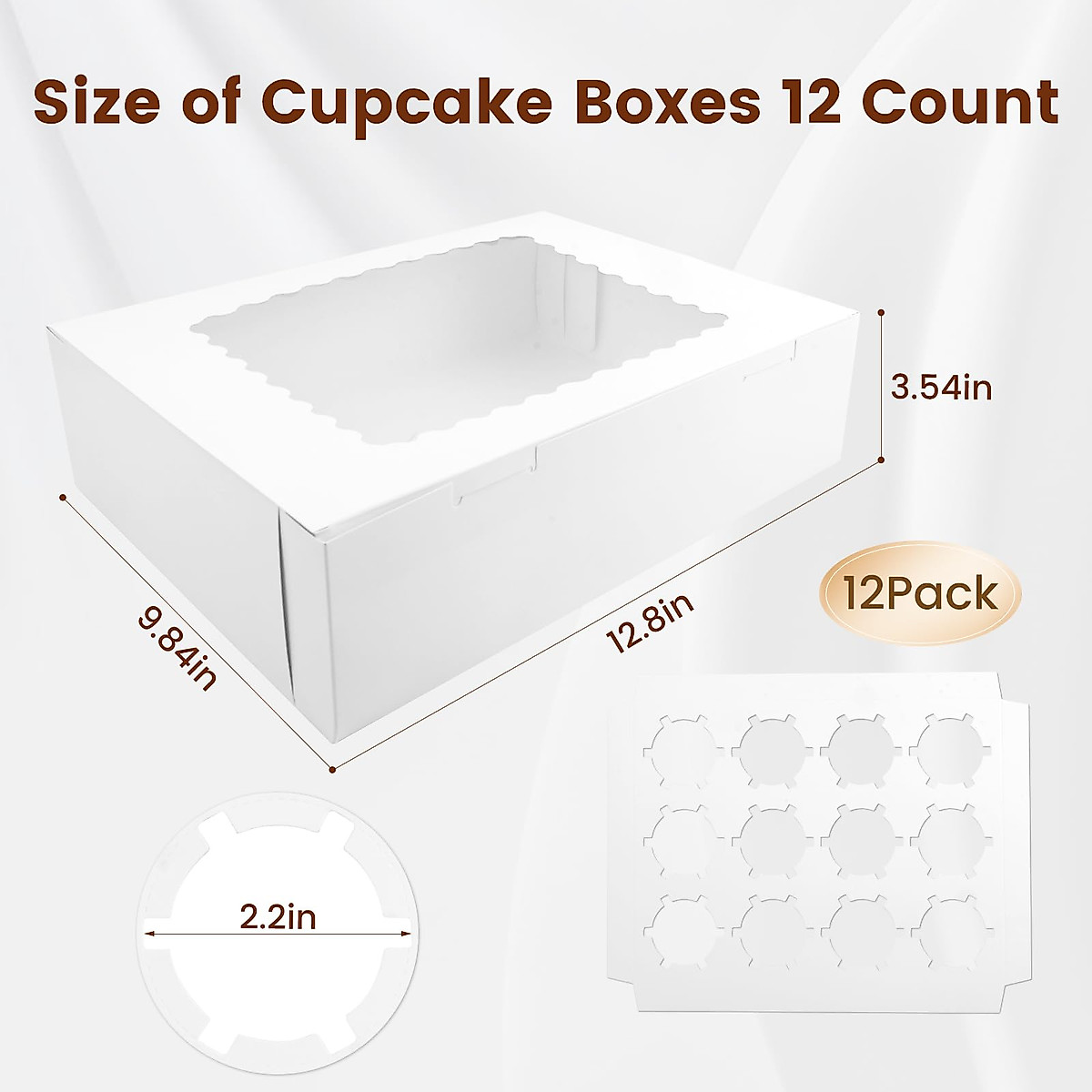 Luck.WH 12PCS Cupcake Boxes 12 Count Cupcake Container with Window White Cupcake Holder Holding 144 Cupcakes for Birthday Holiday Party Bakery Supplies(12.8"x 9.84"x 3.54")