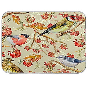 Vintage Cute Birds Watercolor Dish Drying Mat 16"x18" Absorbent Machine Washable Hanging Fast Dry Pad Dish Protective Mat for Kitchen Countertop Heat Resistant Dinner Table Mat