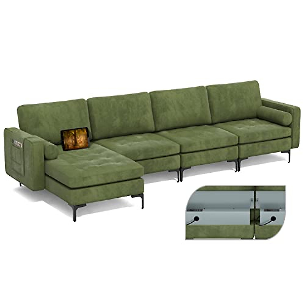 Giantex Sectional Sofa Couch with 2 USB Ports, 3-Hole Socket, Hidden Storage Box, L-Shaped Modular Sofa w/Reversible Chaise Lounge, 2 Side Bolsters for Living Room Bedroom Office