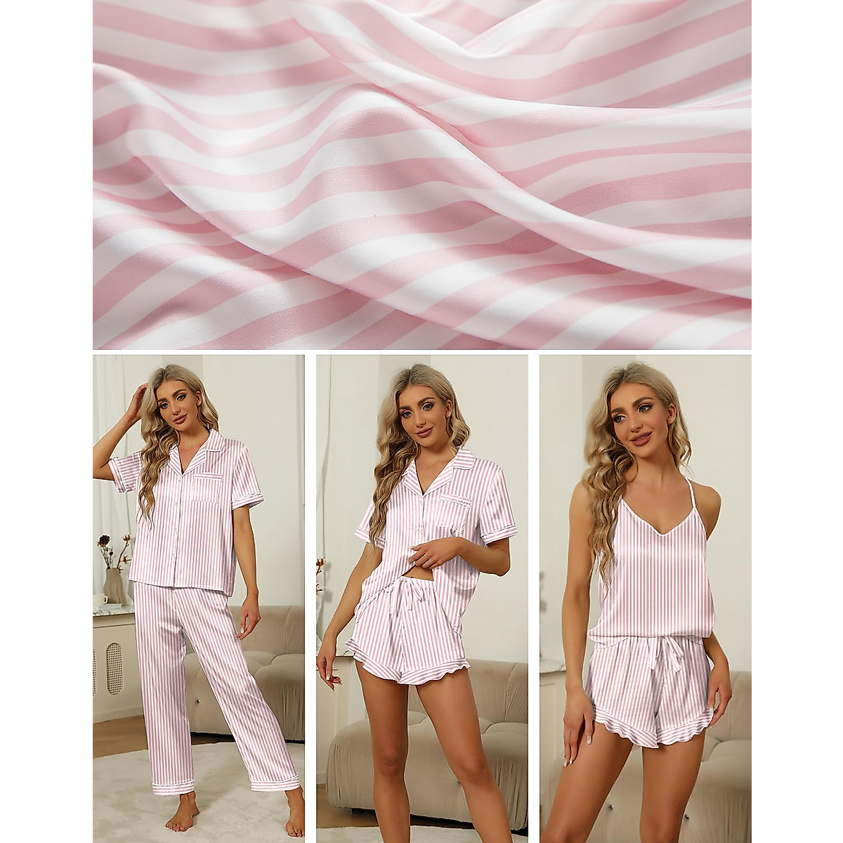 SAPJON Silk Pajamas for Women Set 4Pcs Ruffled Satin Pajamas Set Button Down Short Sleeve Cami Shorts Sleepwear Pj Set