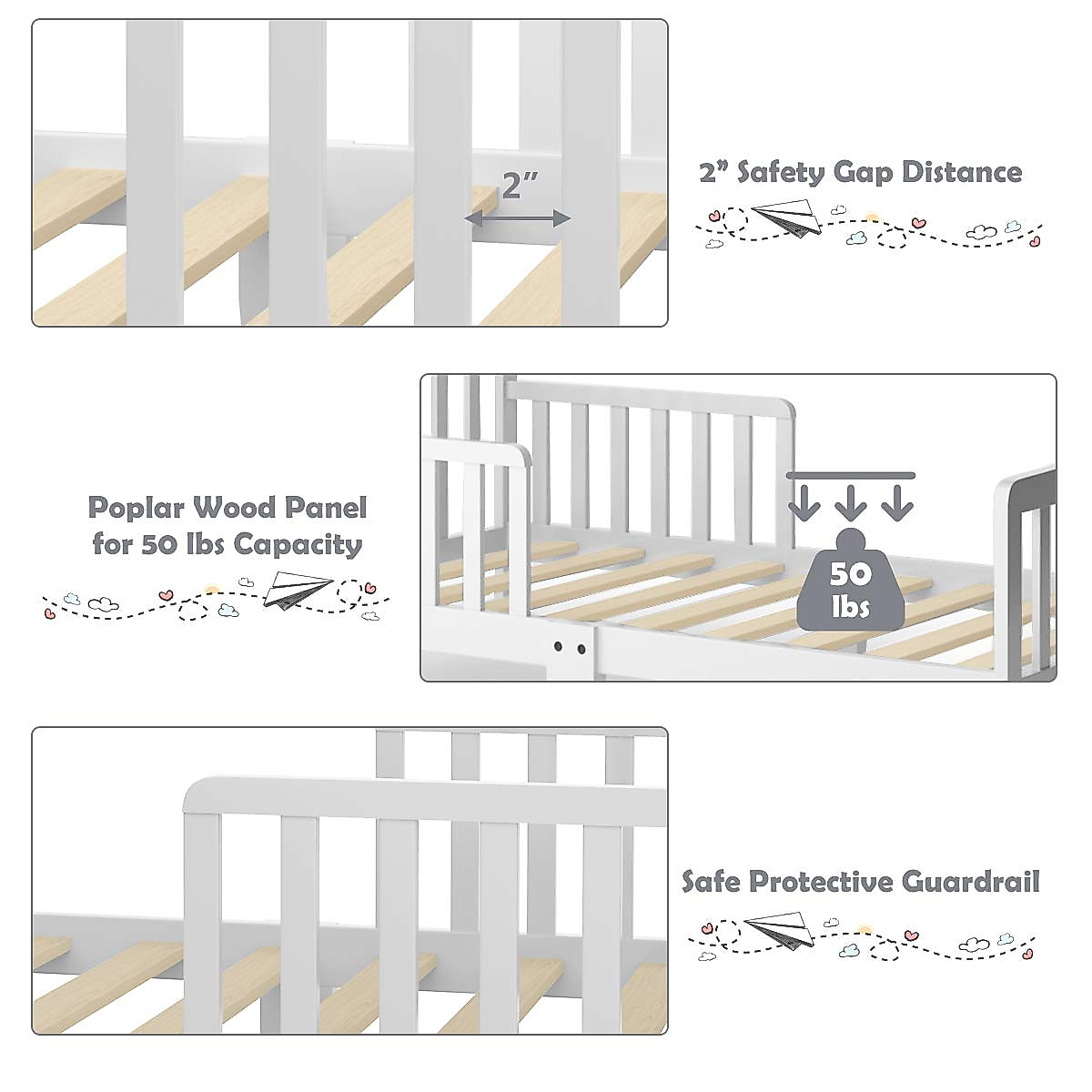 Costzon Toddler Bed, Classic Wood Kids Bed Frame w/Double Safety Guardrail, Low to Floor Design, Wooden Slat Support, Fits Full Size Crib Mattress, Bedroom Furniture for Boys & Girls (White)