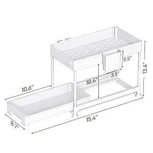 SPACELEAD Under Sink Organizers and Storage, Under Sliding Cabinet Basket Organizer, 2 Tier Under Sink Storage for Bathroom Kitchen with Hooks, Hanging Cup, The Bottom Can Be Pulled Out White