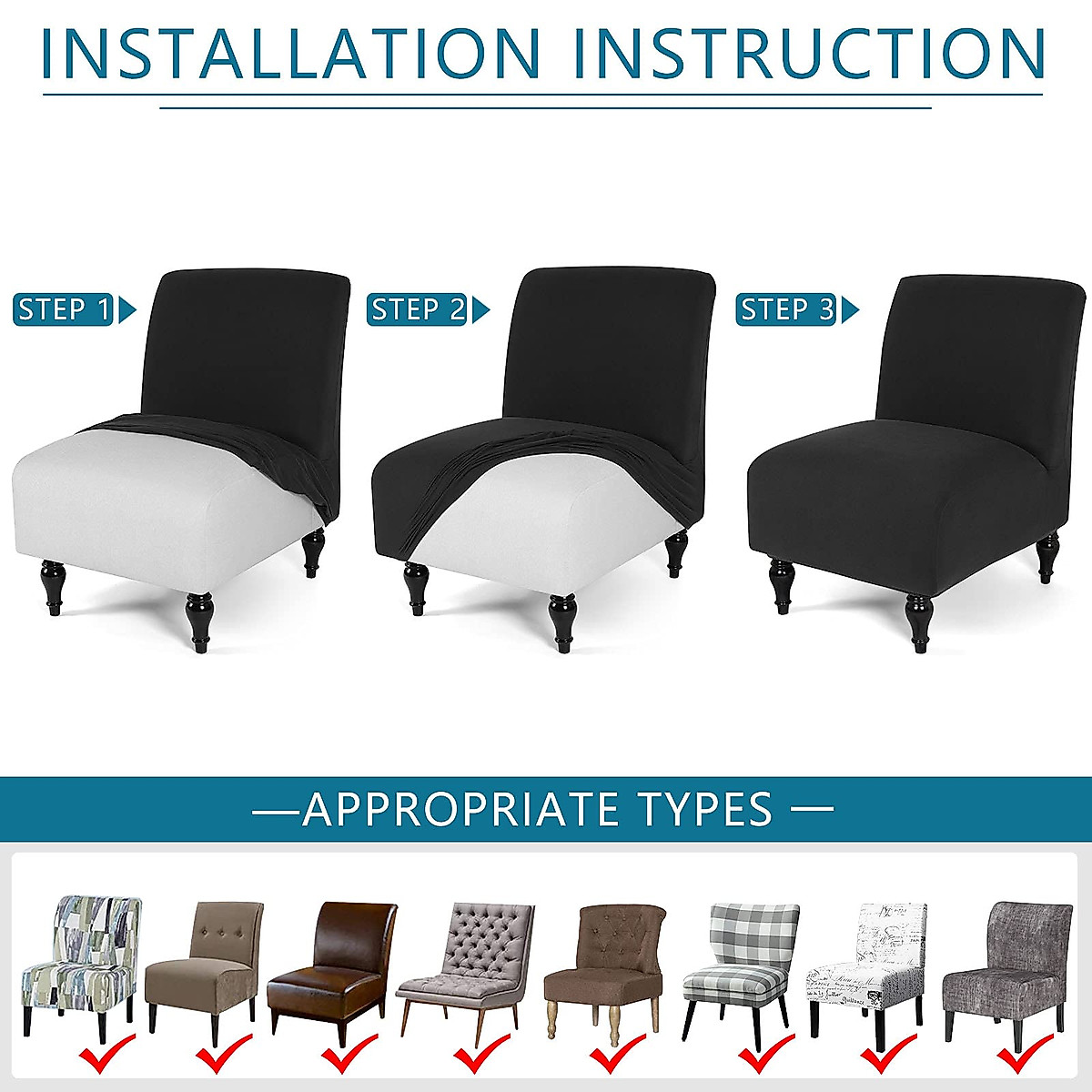 Liykimt Armless Accent Chair Cover Slipcover，Slipper Chair Stretch Spandex Removable for Armless Chair Furniture Protector Covers for Living Dining Room Hotel (Black, 1)