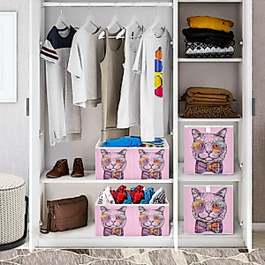 Emelivor Cat Pink Portrait Cube Storage Bin Collapsible Storage Bins Waterproof Toy Basket for Cube Organizer Bins for Kids Nursery Book Bathroom Closet Girls Boys - 11.02x11.02x11.02 IN