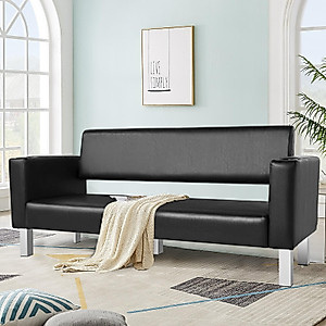 Artist hand Office Reception Chairs Waiting Room Bench Guest Chairs, Leather Bench 60.6'' Conference Room Chairs with 2 Cup Holder Office Couch Stainless Steel Base Chair