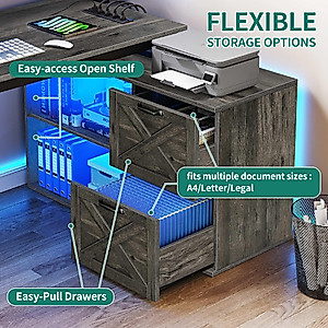 YITAHOME L Shaped Desk with Drawers, 55" Computer Desk with Power Outlets & LED Lights, Corner Desk Home Office Desk with File Cabinet, Grey