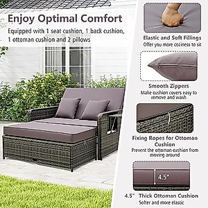 Tangkula Patio Rattan Daybed Set, Wicker Loveseat Sofa w/Multipurpose Ottoman & Retractable Side Tray, 4-Level Adjustable Backrest, Footstool w/Storage, Seat & Back Cushion Included (Gray)