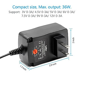 Belker 36W Universal 3V 4.5V 5V 6V 7.5V 9V 12V AC DC Adapter Power Supply for LCD LED Light Strip Router HUB Speaker Smart Phone TV Box 1A 1.5A 2A 2.5A 3A 3000mA Amp Max.