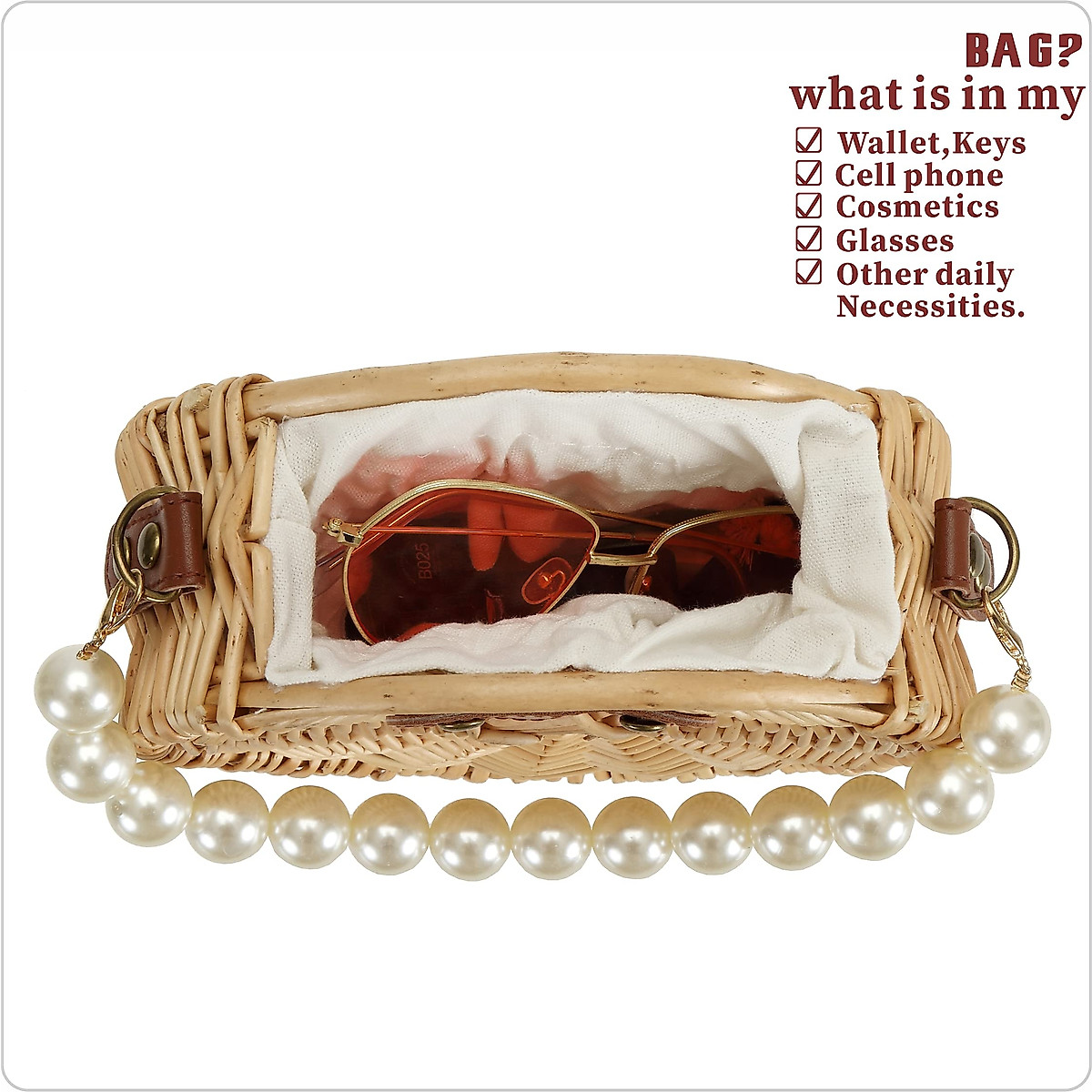 So'each Women Handmade Rattan Wicker Woven Artificial Pearl Circle Shoulder Bag