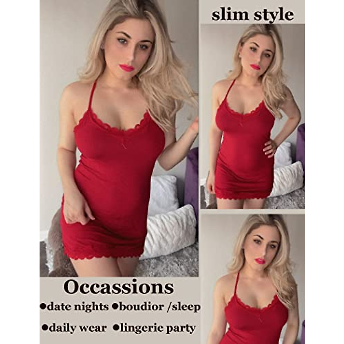 Avidlove Sexy Nightdress V Neck Lingerie Sleepwear Dark Red S