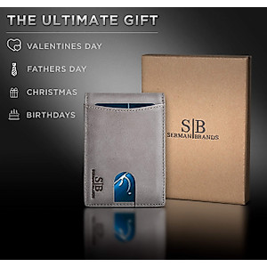 SERMAN BRANDS RFID Blocking Slim Bifold Genuine Leather Minimalist Front Pocket Wallets for Men with Money Clip Thin Gift (Slate Gray 1.S)