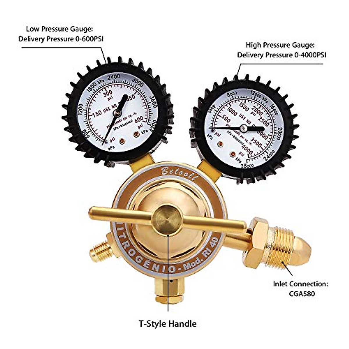 BETOOLL Nitrogen Regulator with 0-600 PSI Delivery Pressure Equipment Brass Inlet Outlet Connection Gauges