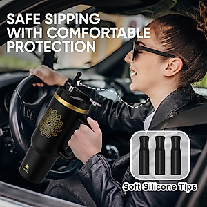 KEWIXY 40 oz Tumbler With Handle and Straw, Gloss Insulated Travel Tumbler, Fits in Cup Holder, Travel Coffee Mug with Lid, Included Leak Proof Straw Cover -Petal Focus