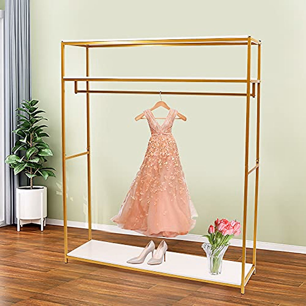 GDAE10 1.8m Height Gold Garment Rack with Three-tiers Wood Board Stand Iron Wedding Dress Bridal Garment Rack Dress Display Stand Floor Hanger Storage Rack for Home Wedding Clothing Store