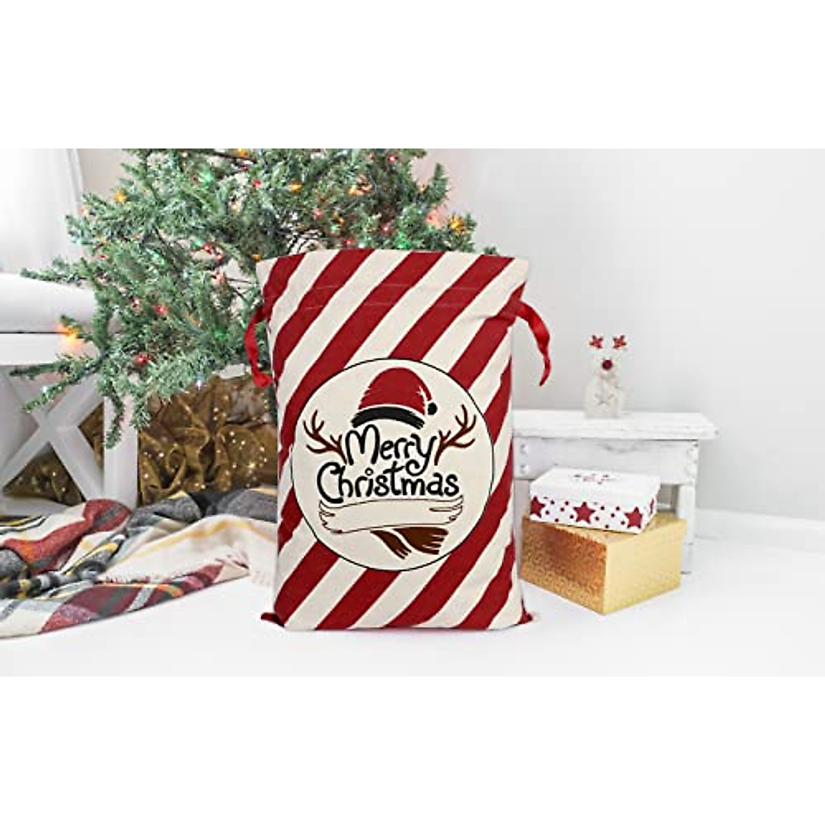 Jolly Jon Large Christmas Bags Santa Sacks - Red Candy Cane Santa Sack - XL Large Reusable Christmas Gift Bag - 17.5 x 24.5 with Drawstring Closure