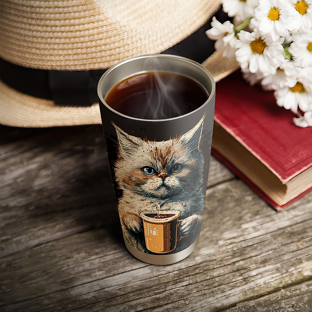 20oz Cute Retro Vintage Cat Tumbler, Gifts for Cat Lovers, Coffee Thermos for Women, Stainless Steel Double Wall Vacuum Insulated Coffee Mug, Travel Cup with Lid