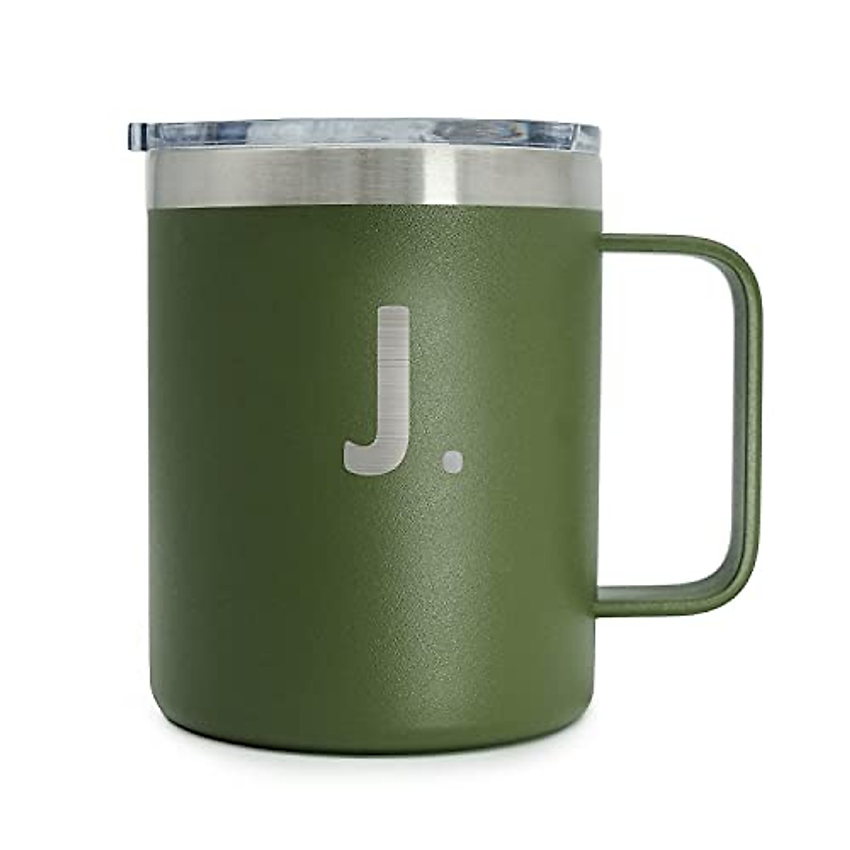 nomadwood Vacuum Insulated Stainless Steel Mug, Double Wall Tumbler with Handle and Lid, Custom Initial Letter Camp Cup (ArmyGreen, J)