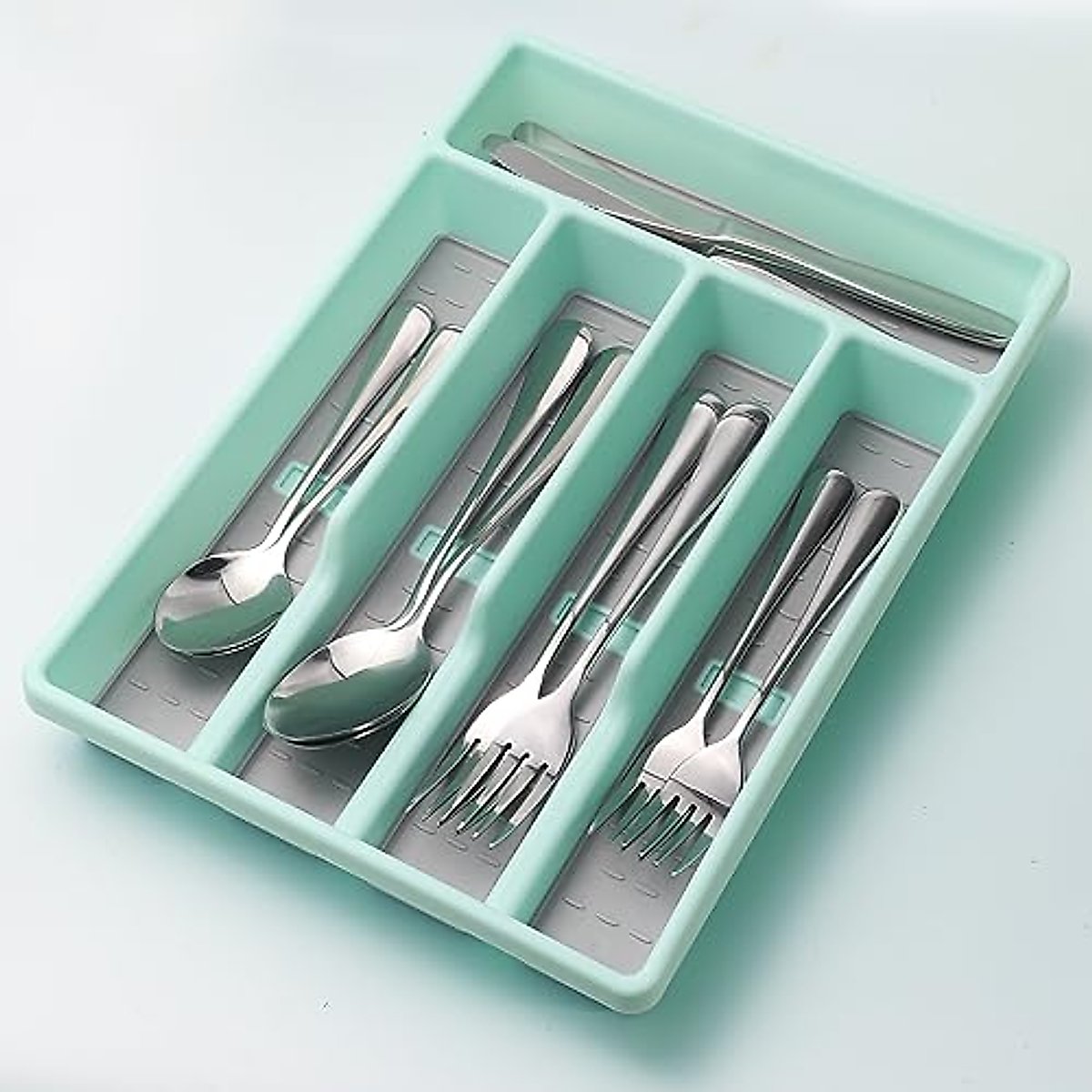 Joequality Silverware Organizer with Icons，Plastic Cutlery silverware Tray for Drawer，Utensil Flatware Tableware Organizer for Kitchen with Non-slip TPR,Fits Standard Drawer,5-Compartment,Light Blue