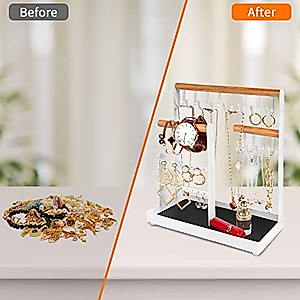 Jewelry Organizer Stand Holder, Metal and Wood 3 Tier White Jewelry Display Earring Organizer Ring Tray and Hooks Stand Storage Necklaces Bracelets Rings Watches Jewelry Towers for Women Girls Gift